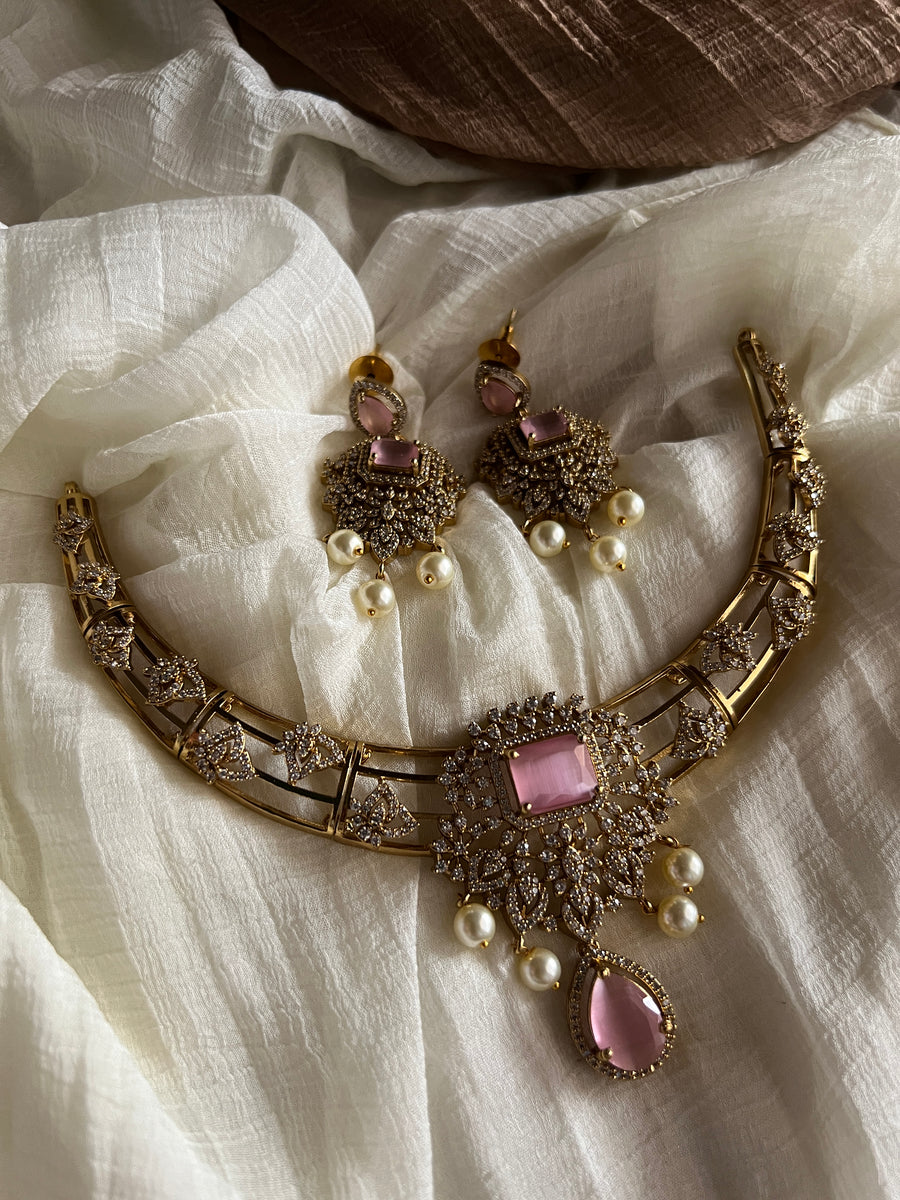 Victorian style stone stiff necklace with earrings – House of Jhumkas