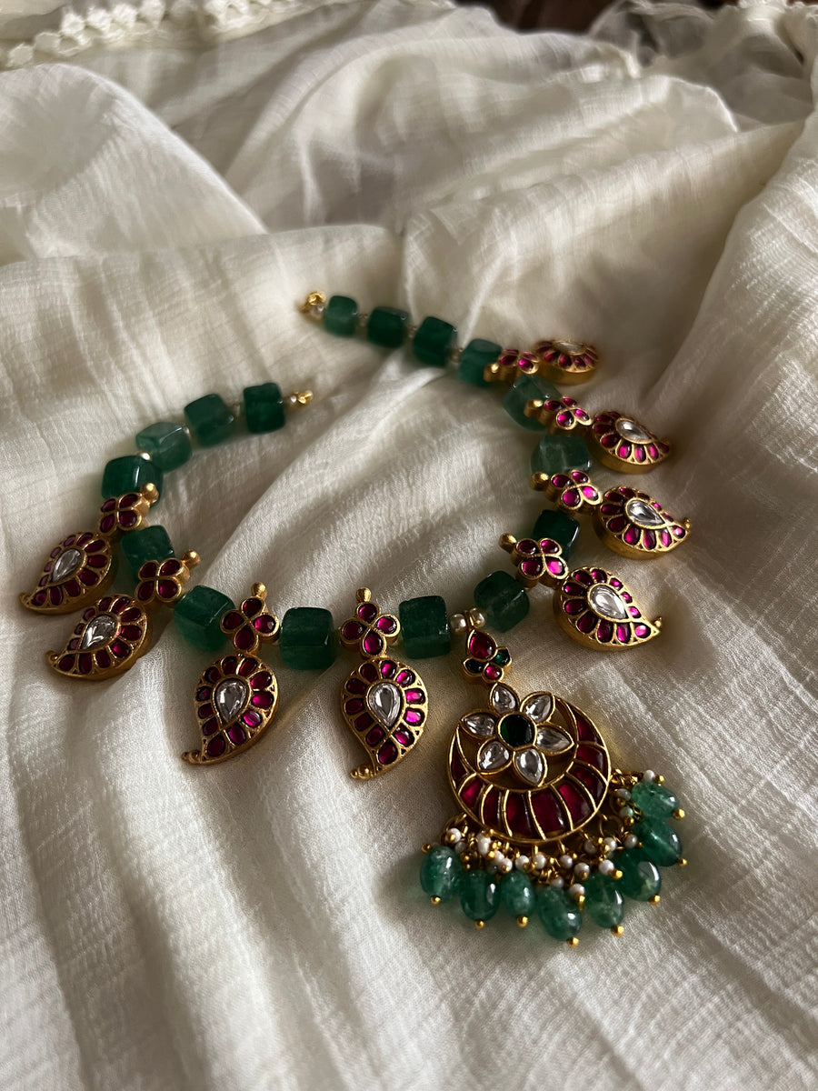 Kundan manga necklace with with natural bead necklace – House of Jhumkas