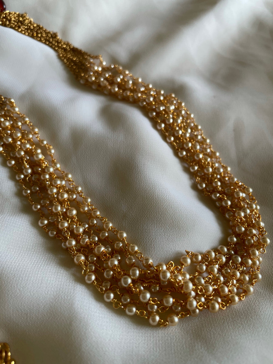 Golden Pearl maala with long earrings – House of Jhumkas